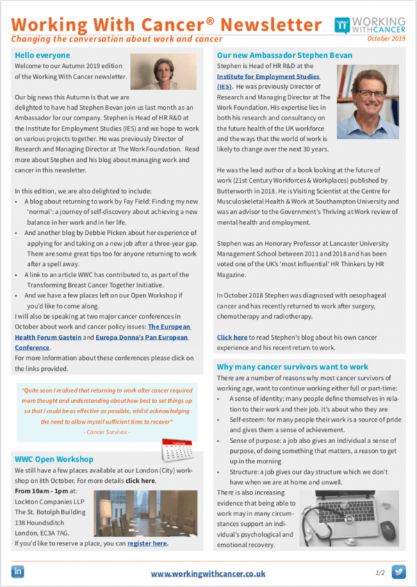 Newsletters – Working with Cancer